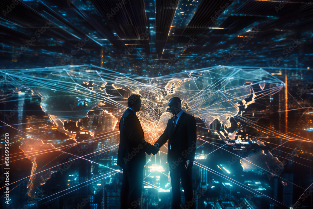 A confident handshake between professionals, overlaid with a global ...