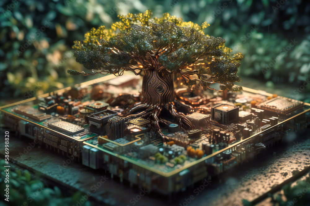 A thriving tree rooted in the convergence point of a computer circuit ...