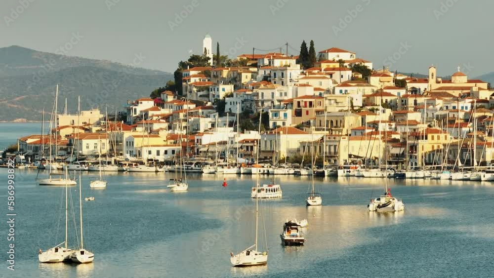 Panorama city on island of Poros Greece in harbor in authentic houses ...