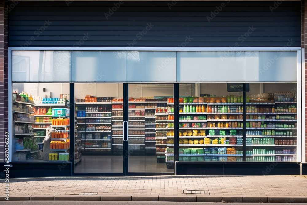 Urban modern grocery store with large windows, visible from the street ...