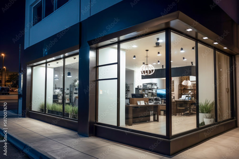 Contemporary urban storefront with large windows. Street view in ...