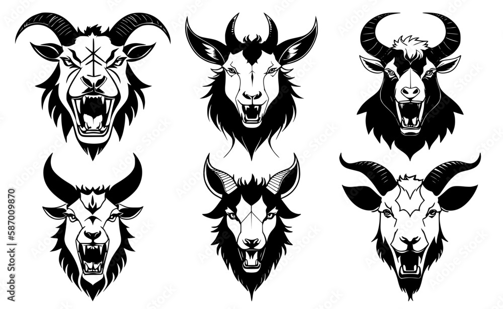 Set of goat heads with open mouth and bared fangs, with different angry ...