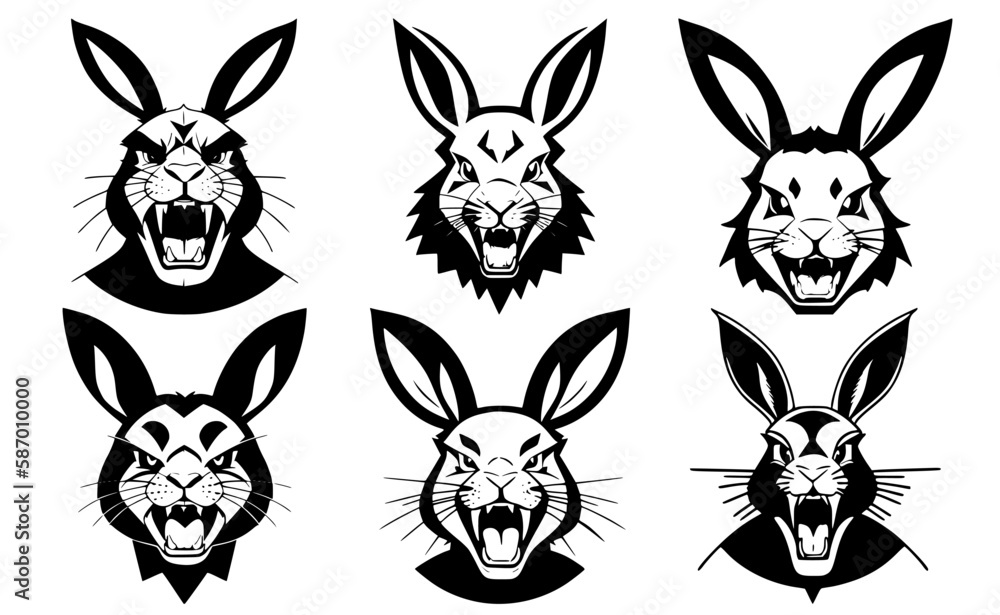 Vetor de Set of rabbit heads with open mouth and bared fangs, with ...