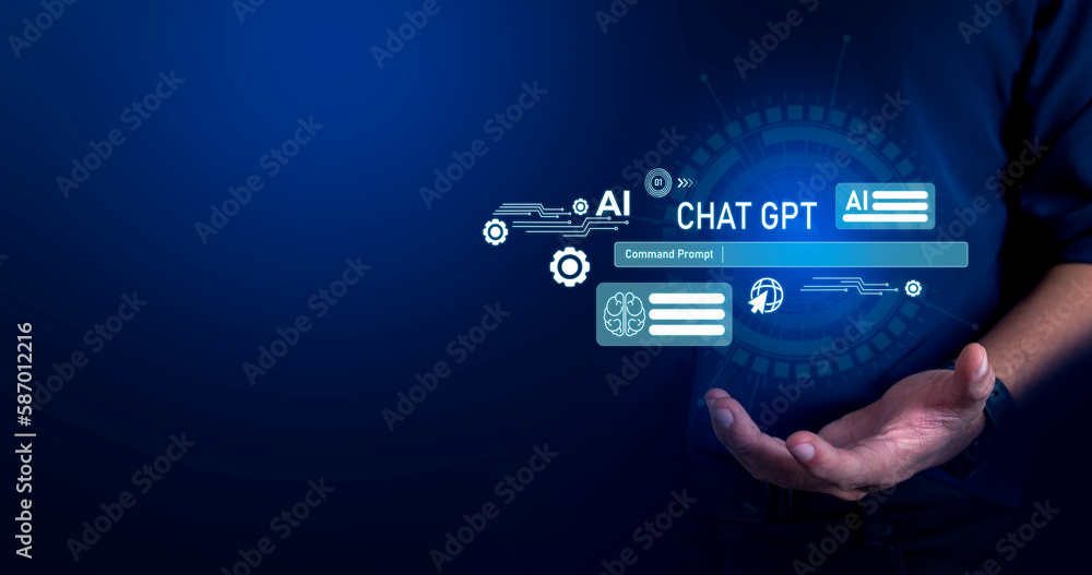 Businessman holding microchip processor with lights on the blue ...