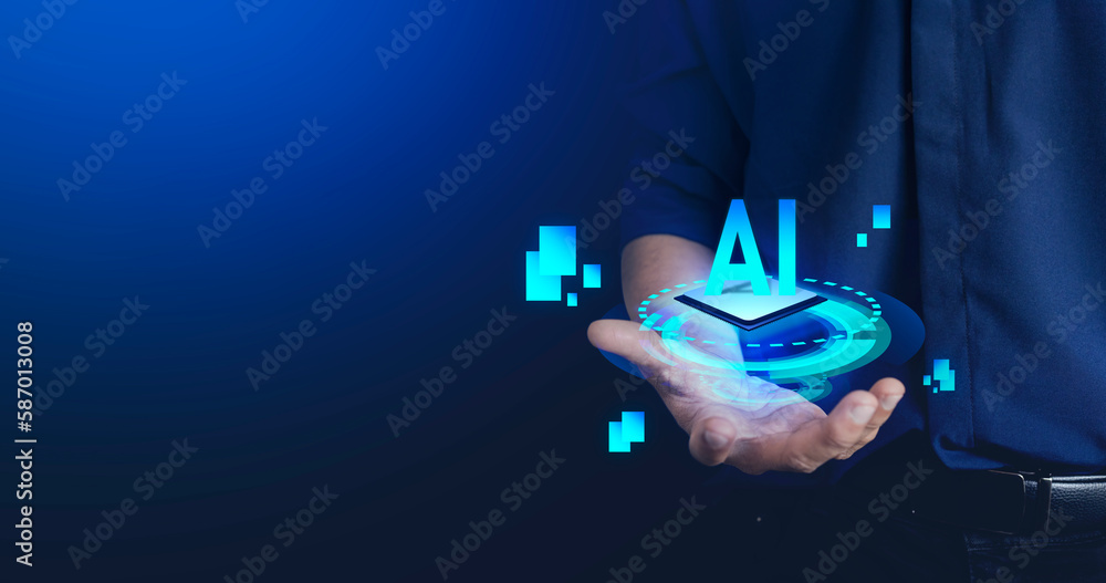 Businessman holding microchip processor with lights on the blue ...