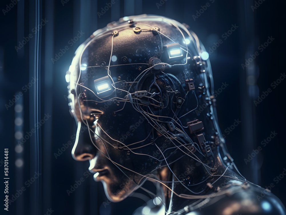surreal human with transparent brain connected with neuralink chip ...