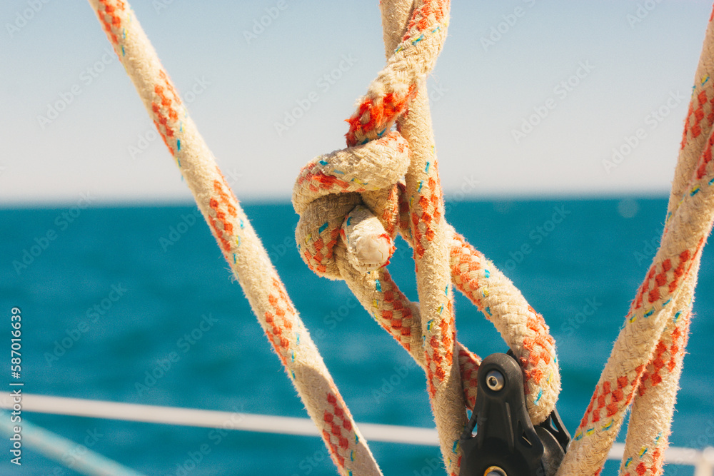 Ship block with ropes. Steel sling and rope clamp connected by screw ...