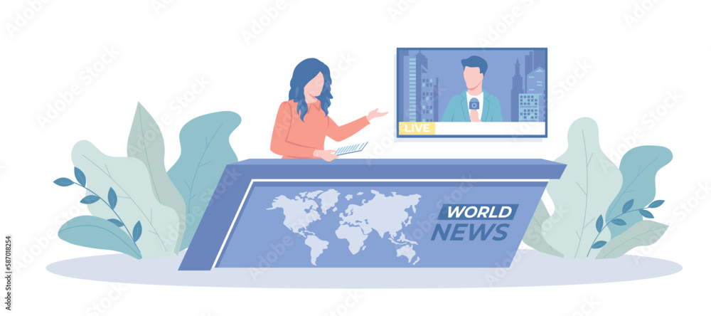 Journalists Reportage. TV News Studio with television presenter in ...