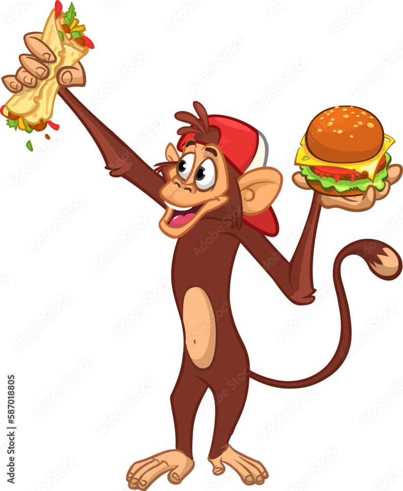 Cartoon funny monkey chimpanzee holding hamburger of cheeseburger in ...