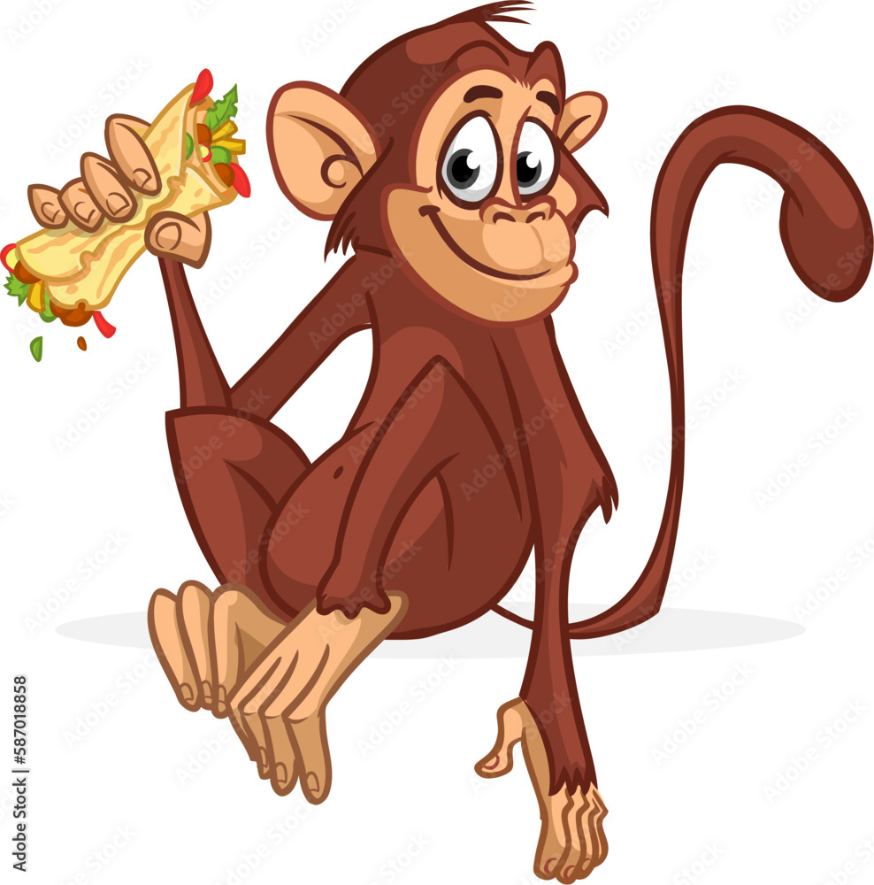 Cartoon funny monkey chimpanzee holding falafel or kebab in his hands ...
