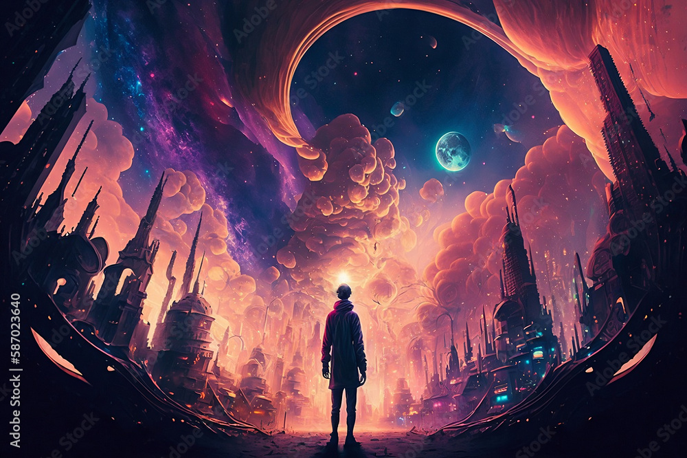 person walking in outer space on another planet with beautiful nimbus ...