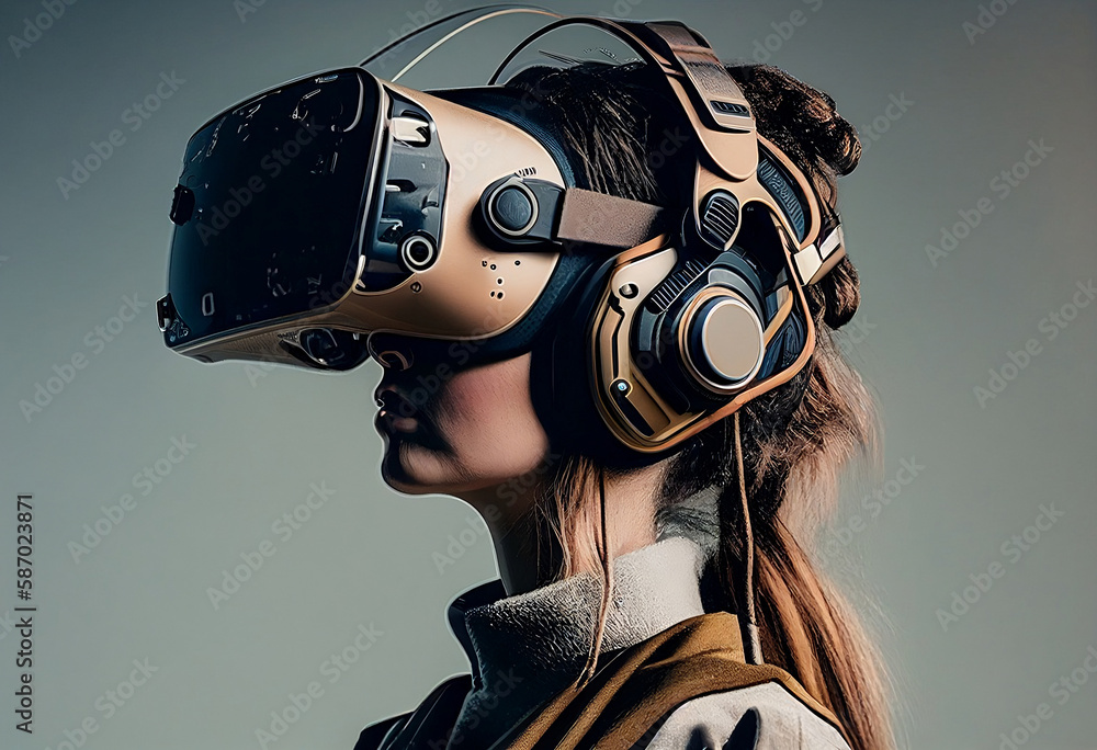 person wearing futuristic vr headset to enter metaverse - artificial ...