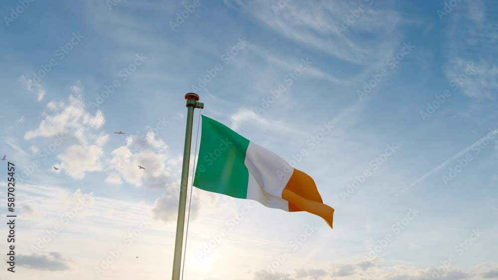 Flag of ireland waving in the wind, sky and sun background. Ireland ...
