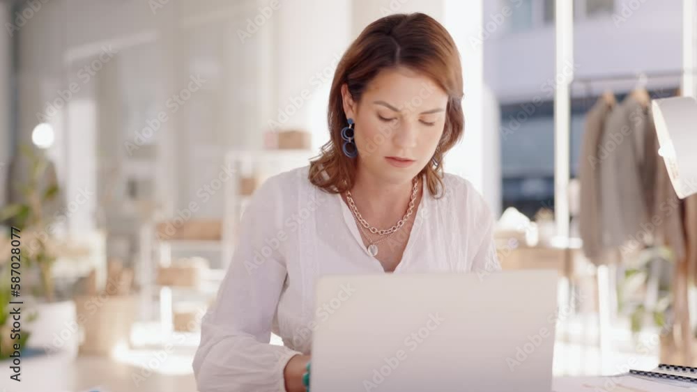 Designer woman, typing and laptop in workshop for color sample ...