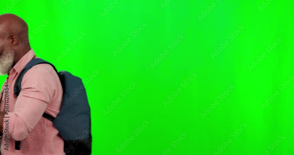 Black man, photographer and travel with camera on green screen and ...