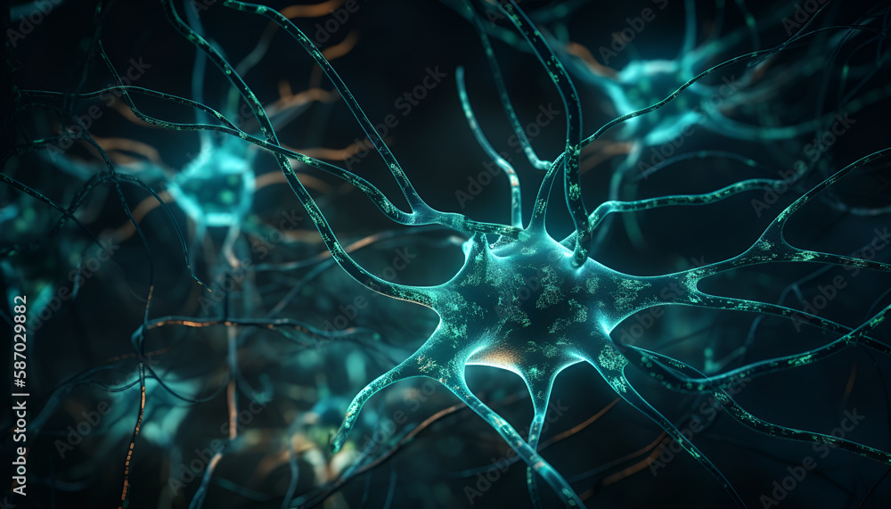 Conceptual illustration of neuron cells with glowing link knots. Blue ...