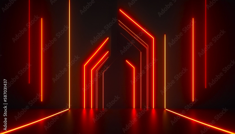 abstract geometric background with red neon light. Empty room with ...