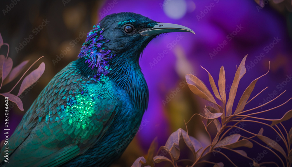 Beautiful small green bird on garden background with colorful flowers ...