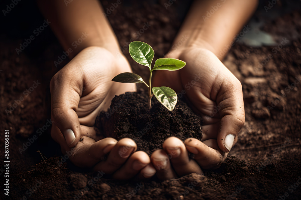 Hand holding young plant on nature background and sunslight. concept ...