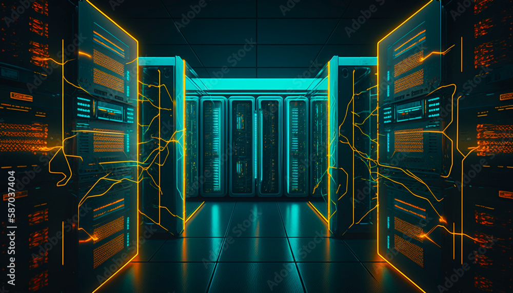 Data Center With Multiple Rows of Fully Operational Server Racks. Modern Telecommunications ...