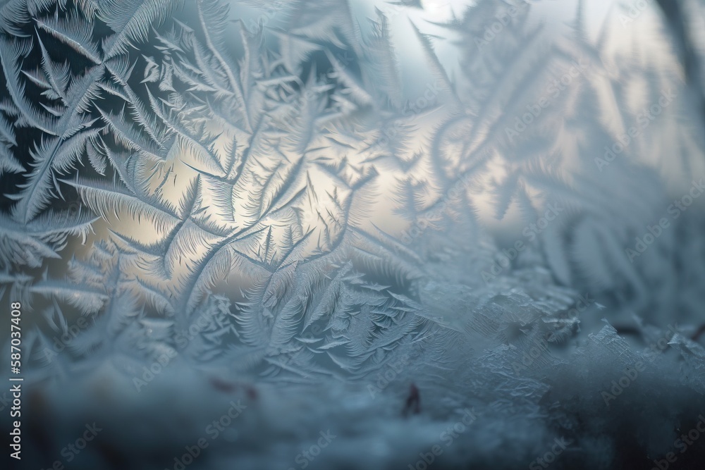 a close up of a frosted window with a sky in the back ground and trees ...