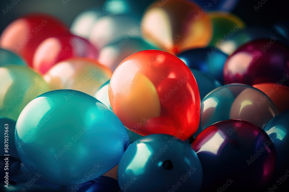 a bunch of balloons that are in a pile together on a table with a black ...
