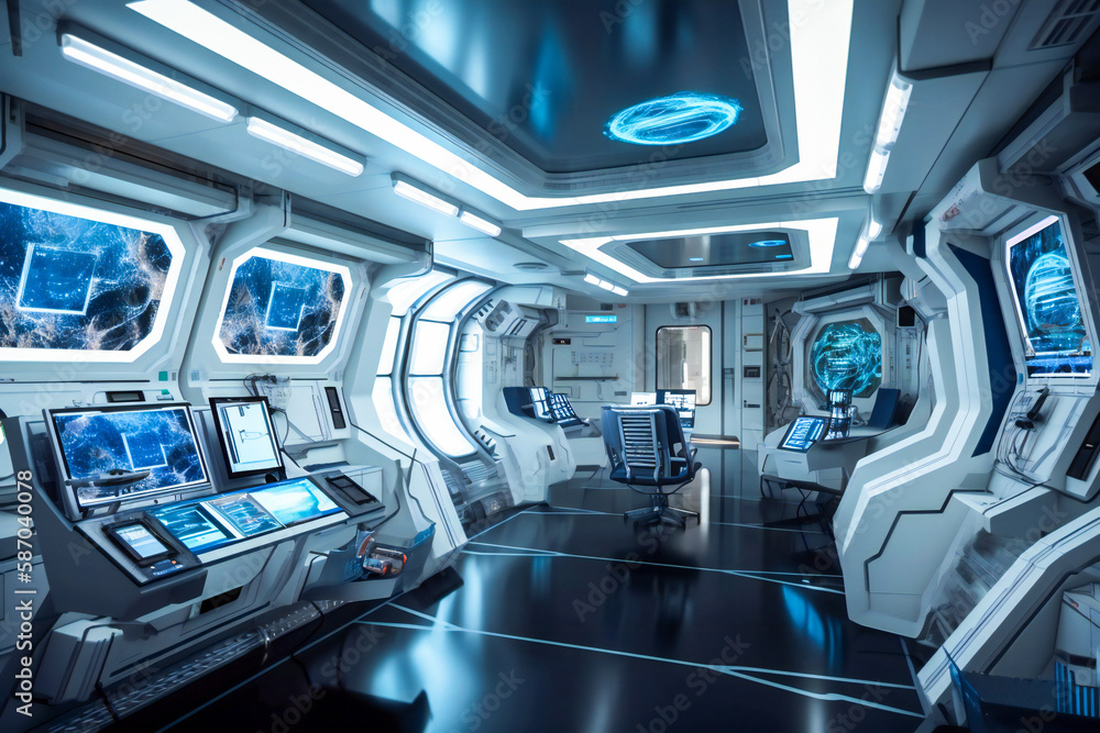 Interior of a futuristic control room of a space ship. Created with ...