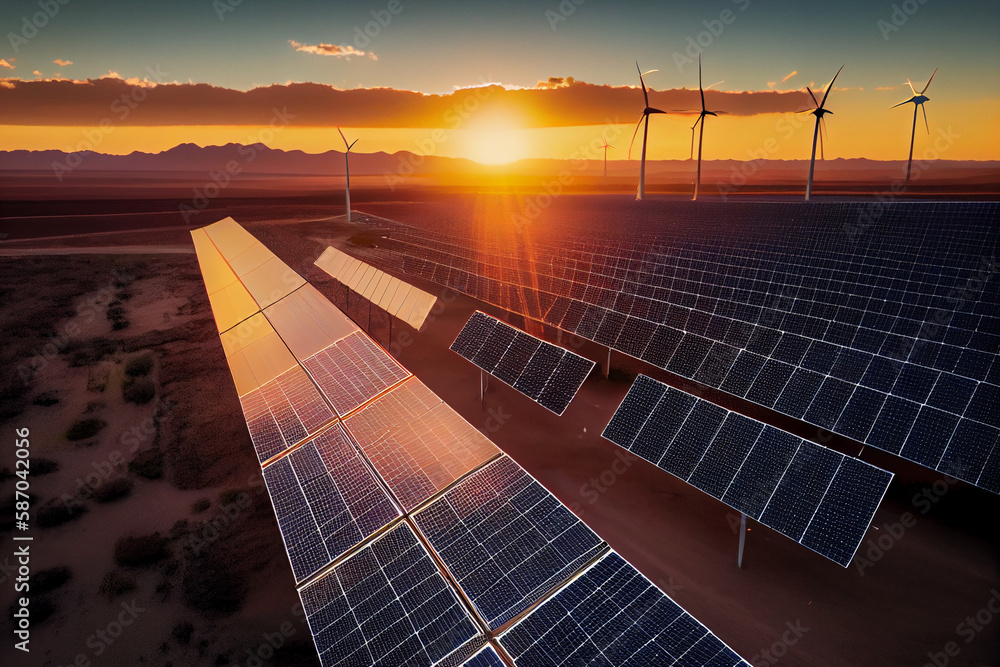 Aerial view of hundreds solar energy modules or panels rows along the ...