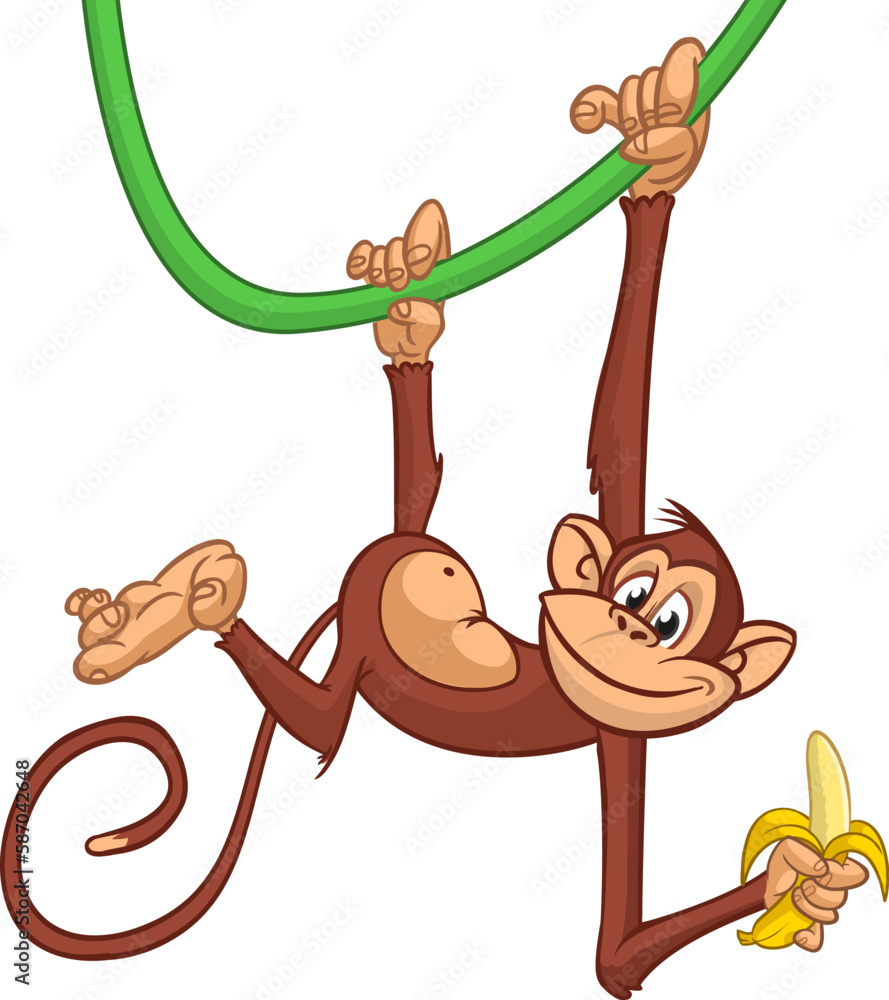 Cartoon funny monkey hanging on liana and eating banana. Vector ...