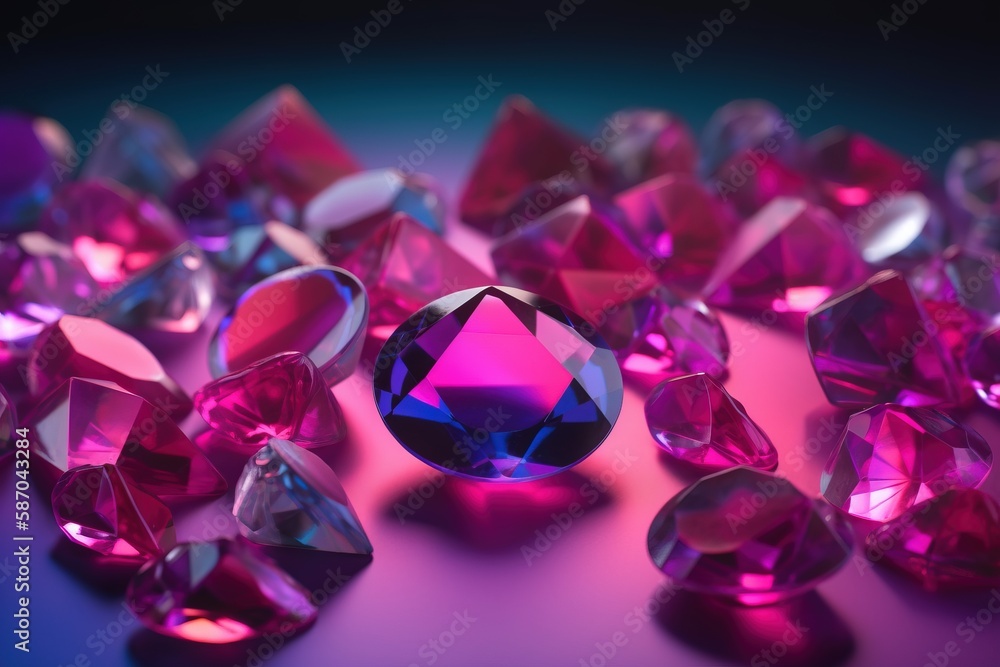 a group of pink diamonds on a purple surface with a black background ...