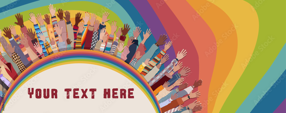 Multicultural volunteer people with hands raised. Support and ...