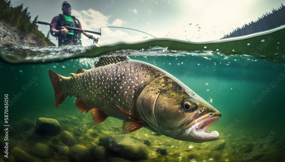 Sport fishing man and Predatory fish salmon trout in habitat under ...