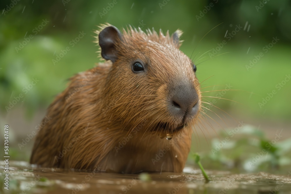 A adorable infant capybara is depicted in this close up portrait of a ...