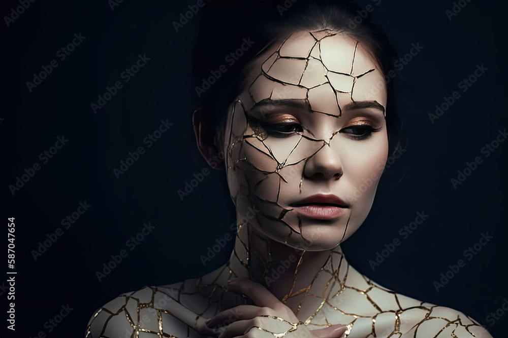 beautiful young woman with white skin with broken skin, healed with ...