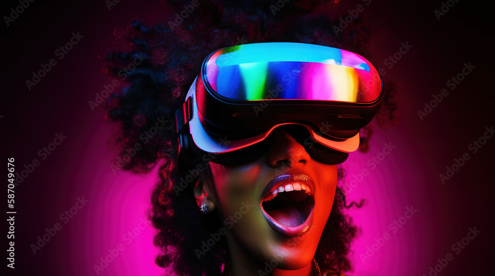 Portrait of an African-American woman in astonishment wearing a virtual ...