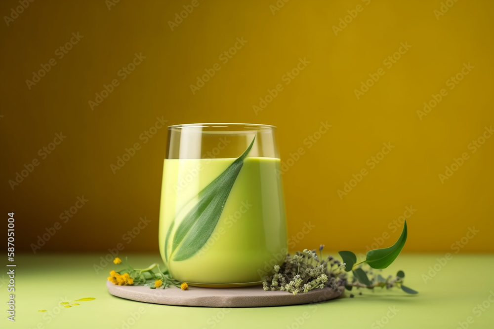 Matcha chá verde latte em um copo sobre fundo amarelo. Bebida vegana ... Matcha chá verde latte em um copo sobre fundo amarelo. Bebida vegana ...
