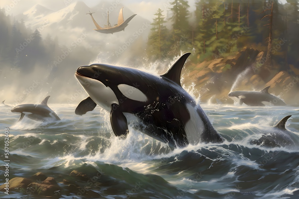 Orca swimming with its pod | Aquatic Animal illustrations/backgrounds ...