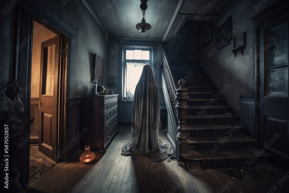 A ghost standing near a staircase in a house. Created with Generative ...