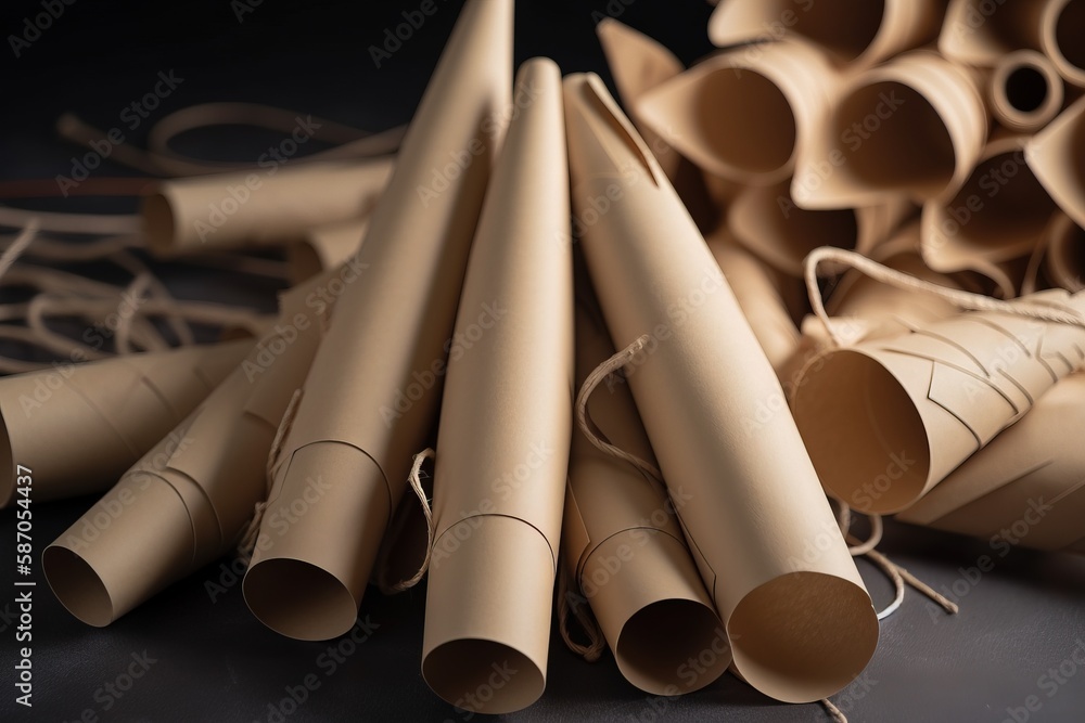 a pile of rolled up brown paper tubes on a black surface with a string ...