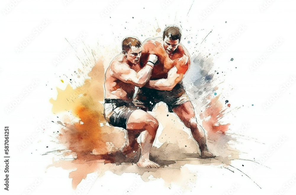 Watercolor abstract representation of wrestling.Wrestling player in ...