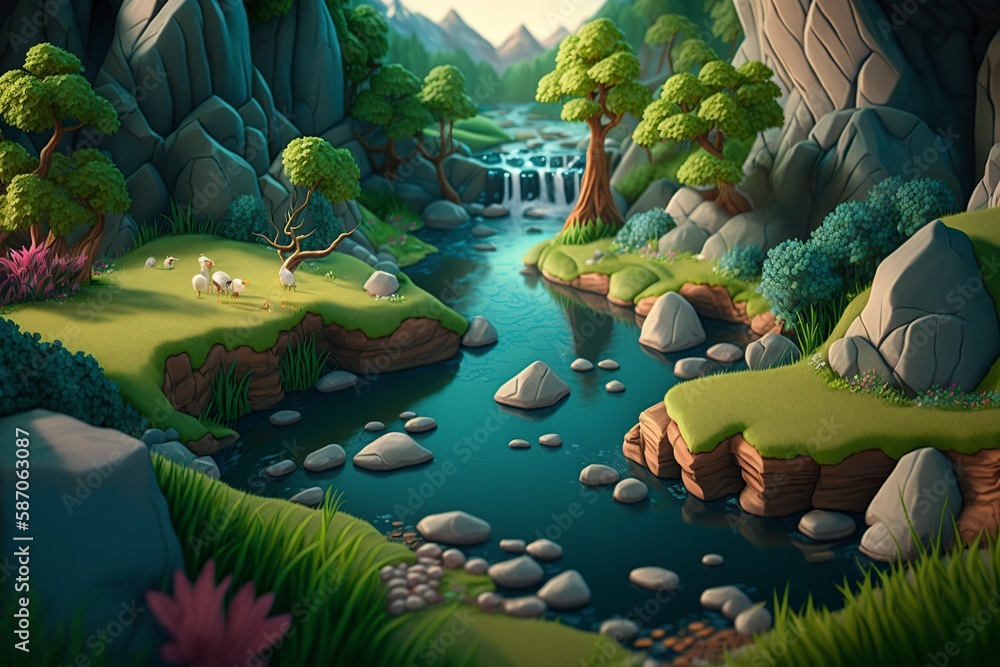 cartoon illustration, hyper realistic landscape, river, trees, stones ...