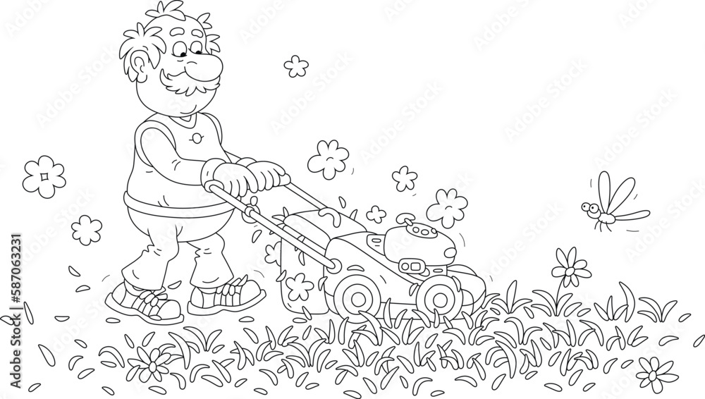 Funny man lawnmower with a grass-cutter tending his summer lawn, black ...