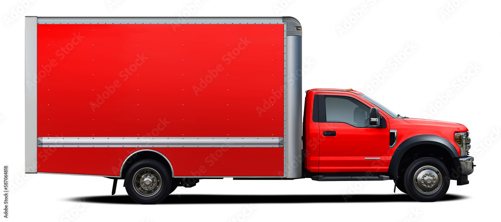 Modern american full red color delivery truck side view isolated on ...