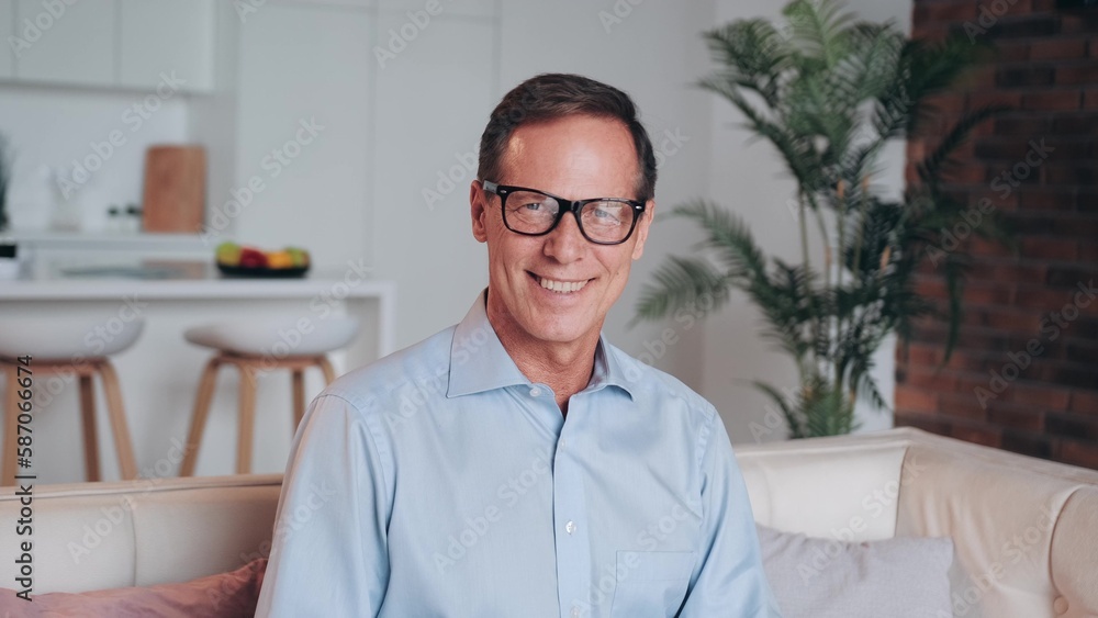 Portrait of smiling happy senior man sit on couch in living room posing ...