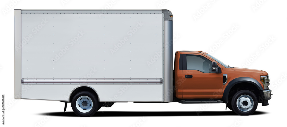 Modern american delivery truck with brown cab side view isolated on ...