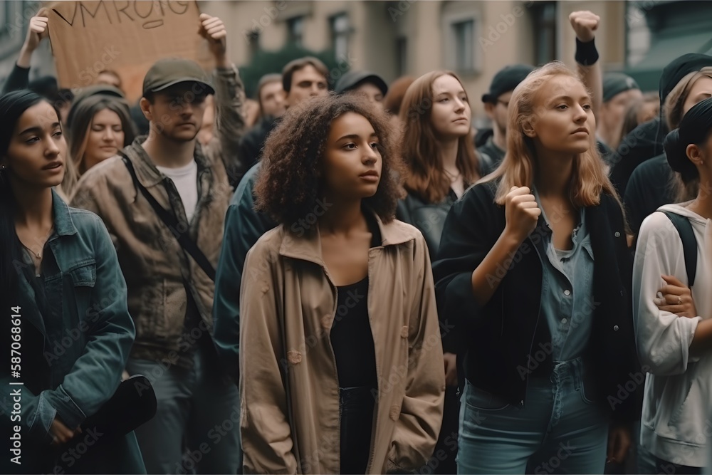 Group of people protesting and holding abstract signs, giving slogans ...