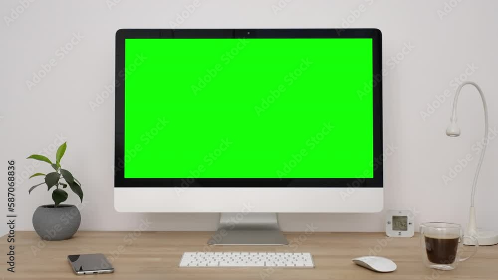 Green Mock-up Screen Desktop Computer with Mouse Keyboard Wide Standing ...