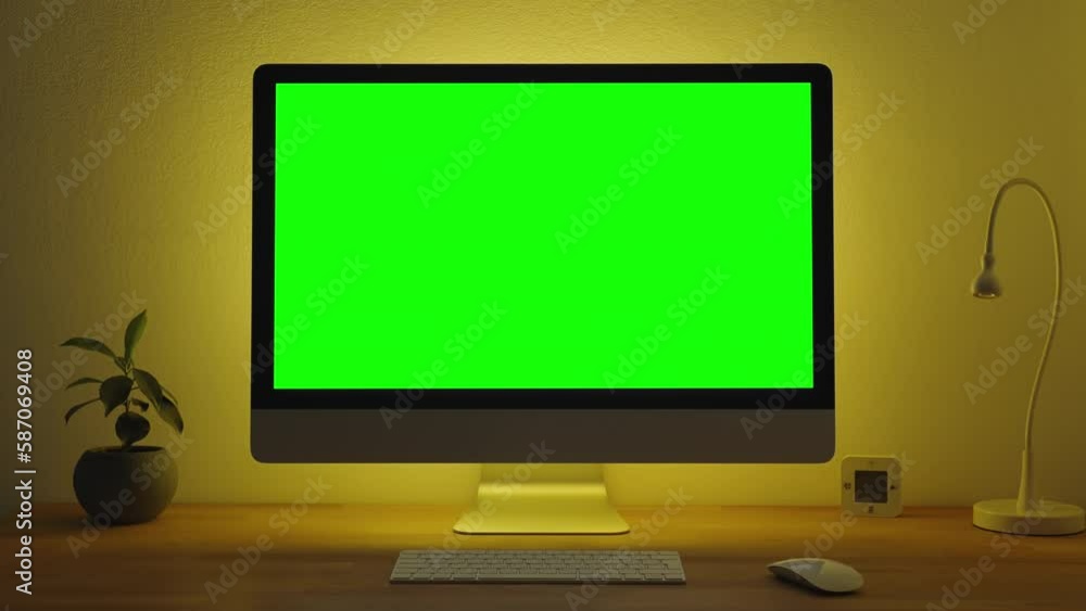 Green Mock-up Screen Desktop Computer with Mouse Keyboard Wide Standing ...