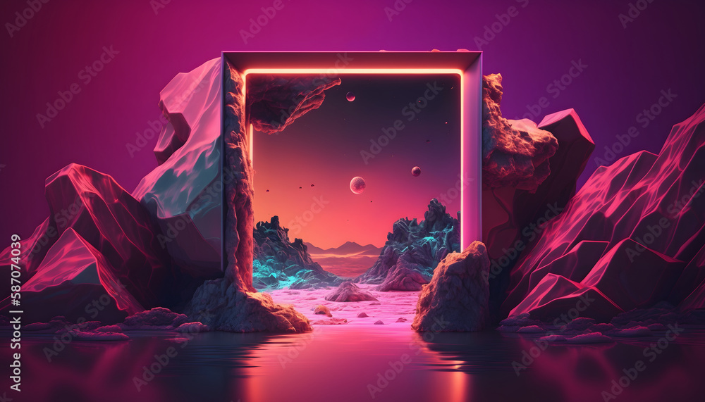 3d render, abstract, ethereal background, neon geometric square portal ...