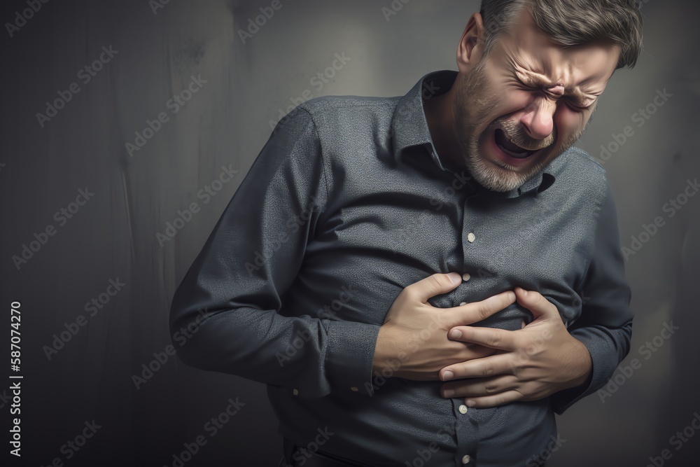 Man suffering from a stomach ache or food poisoning. Holding belly and ...